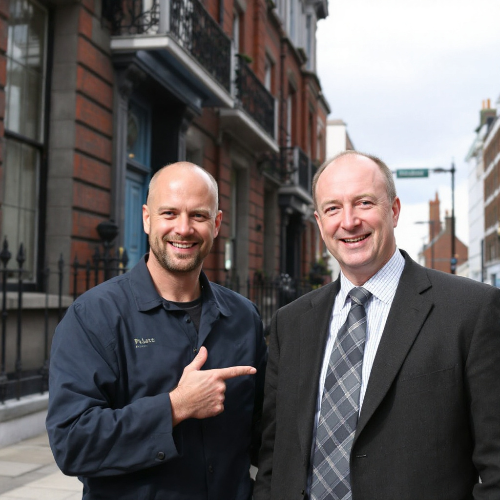 Property for sale by Auction Two men stand smiling on a city sidewalk ...
