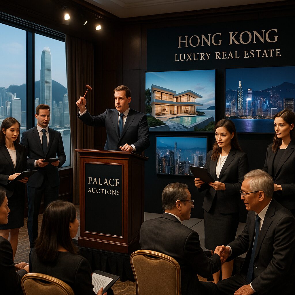 An auctioneer at a podium conducts a Hong Kong luxury real estate ...