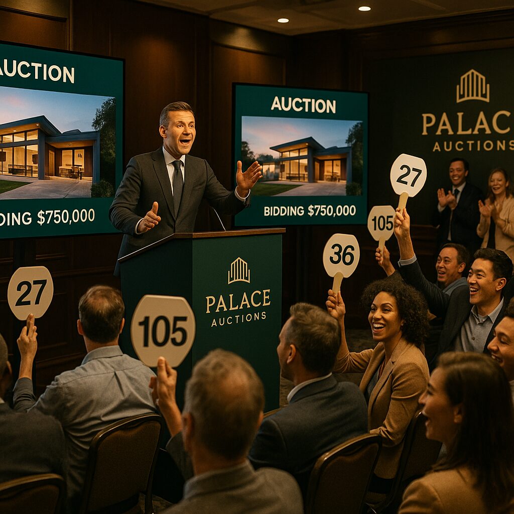 Property for sale A lively auction scene: a man in a suit stands at a ...