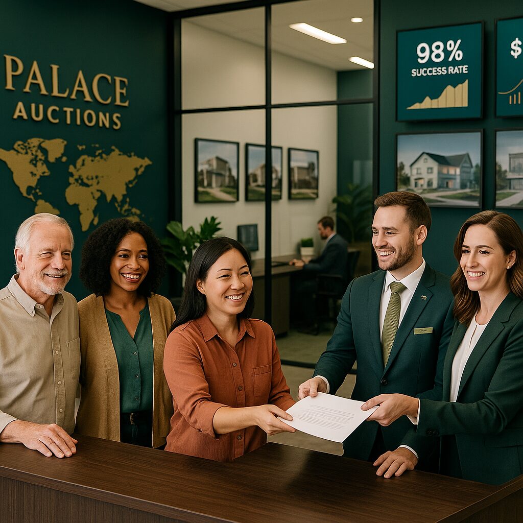 Property for sale Five people stand smiling at a counter in an office ...