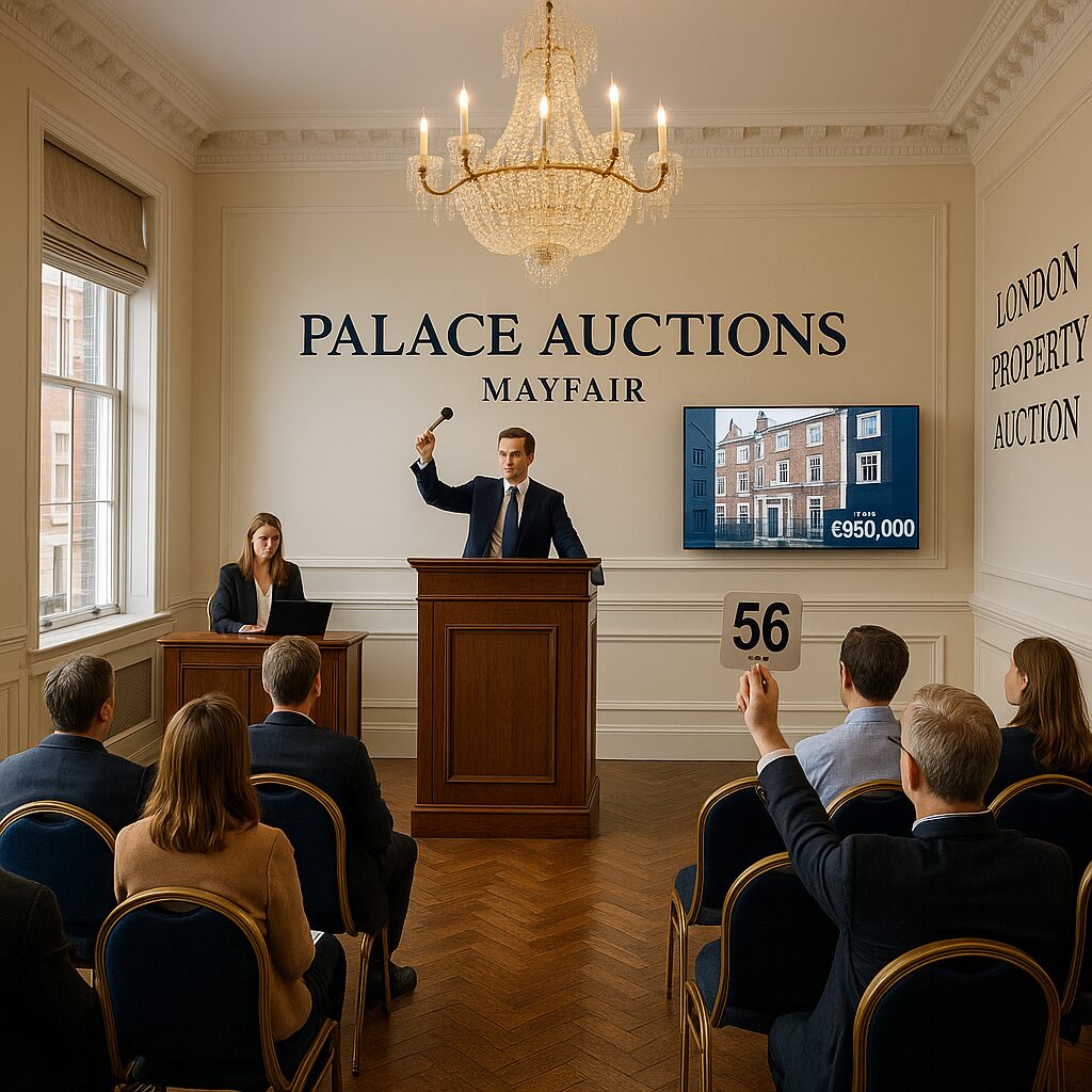 Property for sale An auctioneer stands at a podium in an elegant room ...