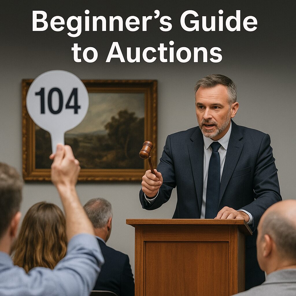 Property for sale A male auctioneer in a suit holds a gavel at the ...